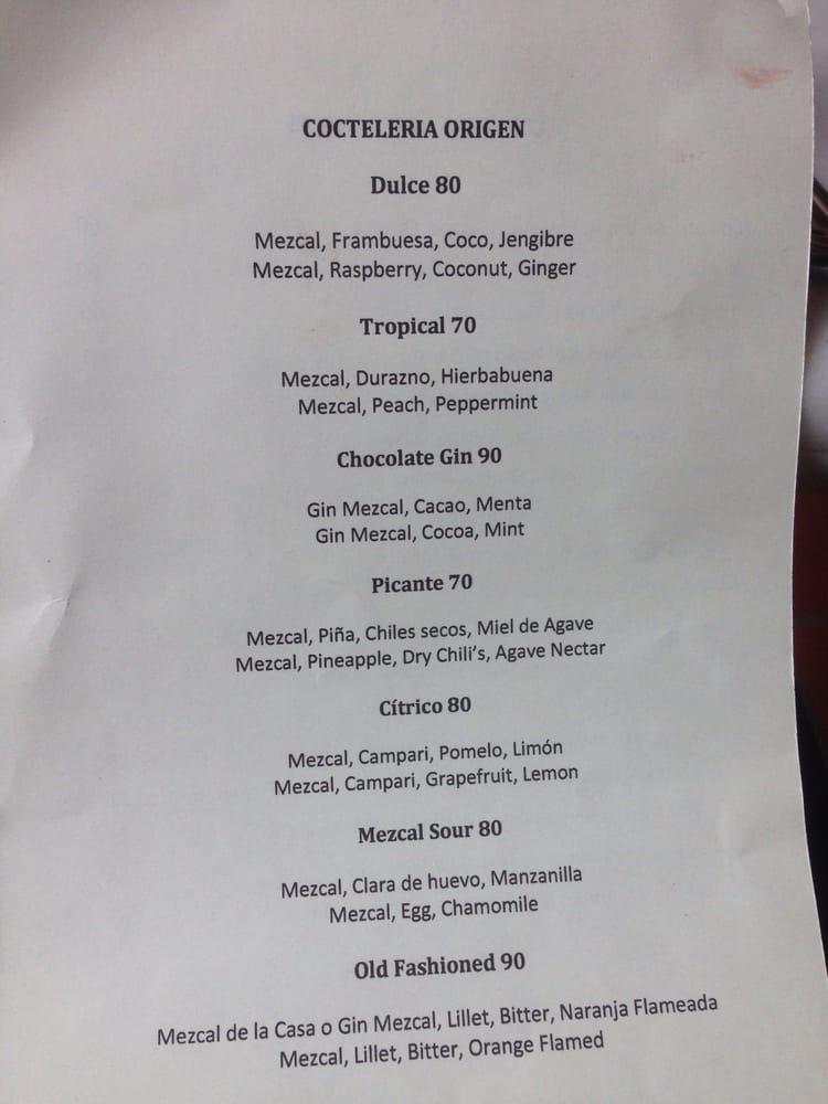 Menu at Origen restaurant, Oaxaca