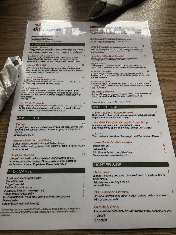 Menu at Patty's Off-Center Cafe, Salem