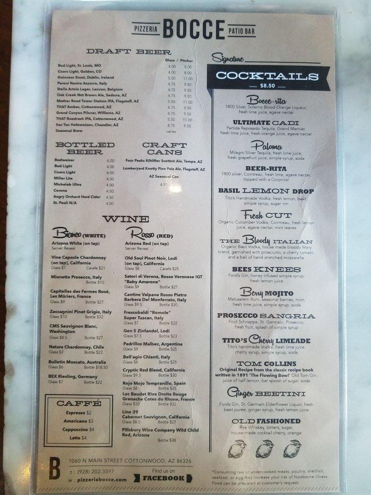 Carta de Pizzeria Bocce, Cottonwood, N Main St