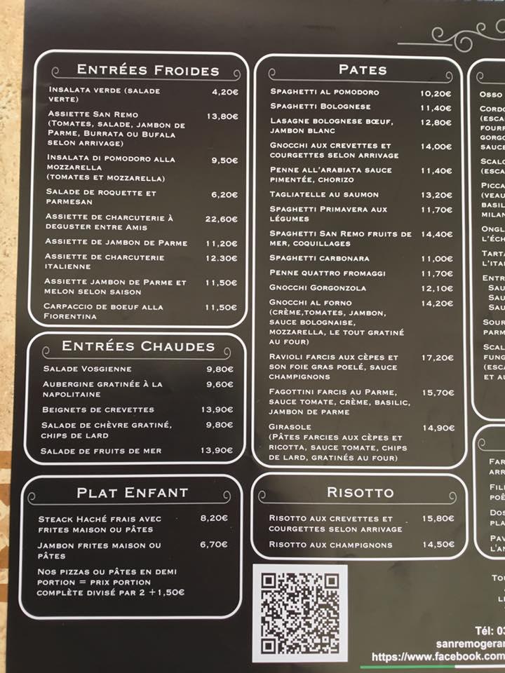 Menu at Pizzeria San Remo, Gérardmer