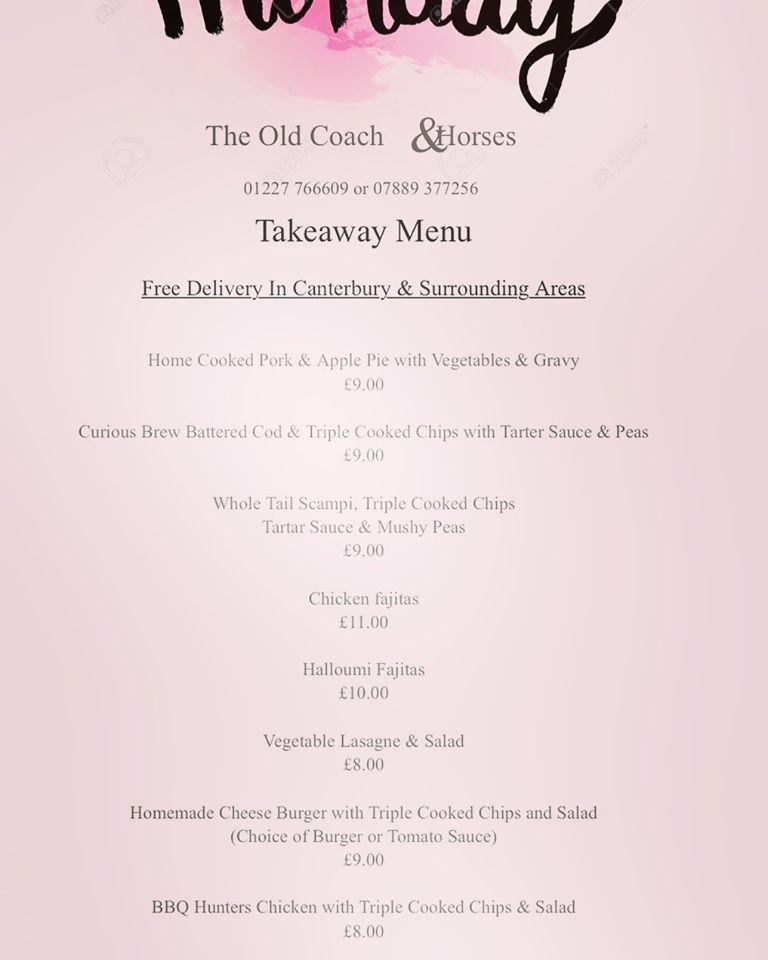 Menu at The Old Coach & Horses pub & bar, Canterbury