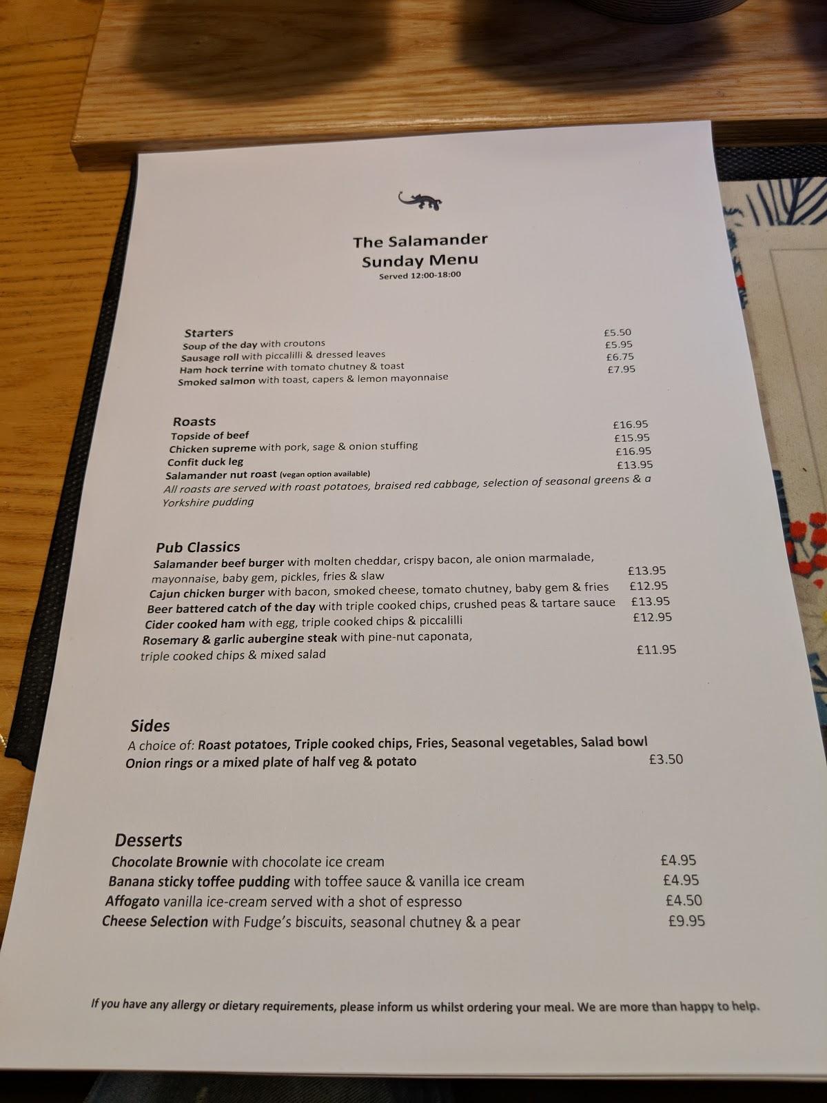 Menu at The Salamander - A Great British Pub., Bath
