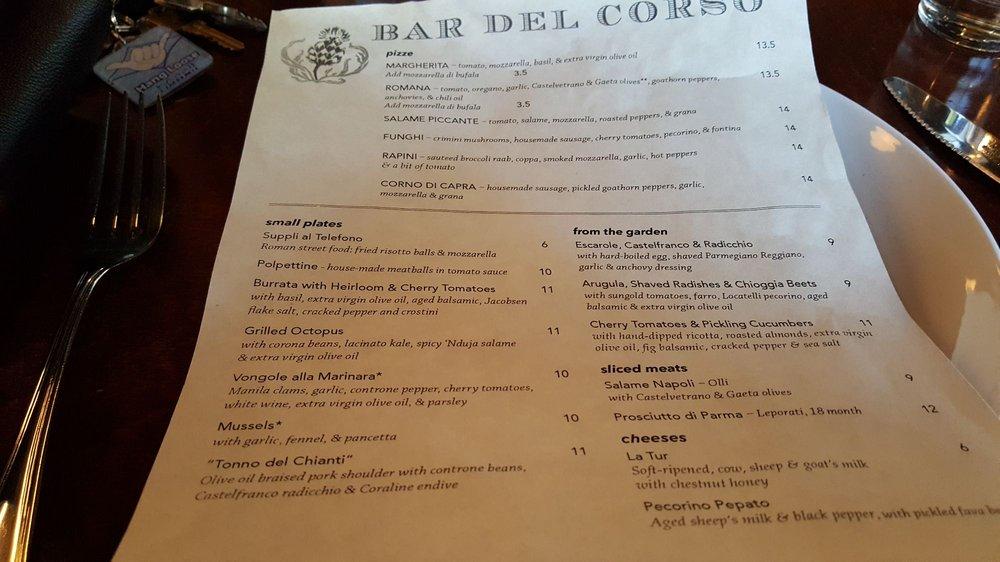 Menu at Bar del Corso, Seattle