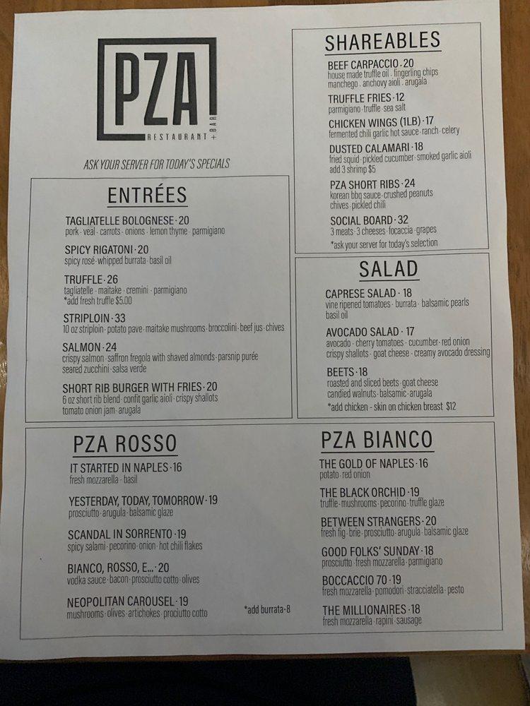 Menu at PZA Restaurant, Vaughan