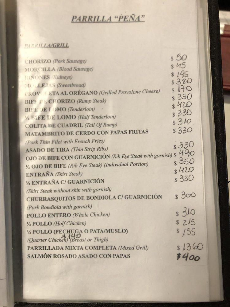 Menu at Parrilla Peña, Buenos Aires, Rodríguez Peña 682