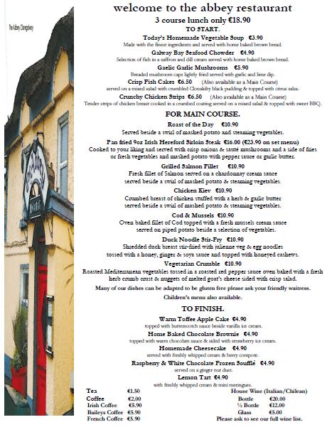 Menu at The Abbey Restaurant Knockdoe, Ireland, Lydon's of