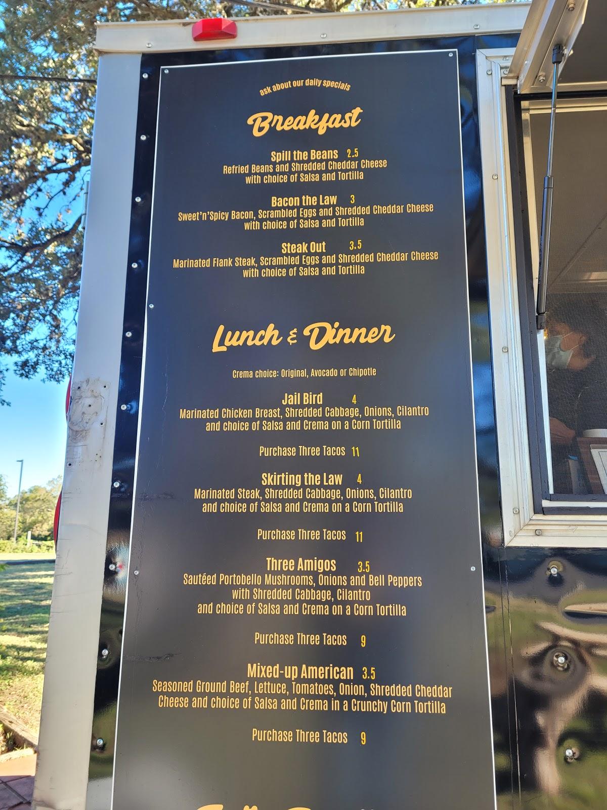 Menu at Bandit Tacos restaurant, Buda