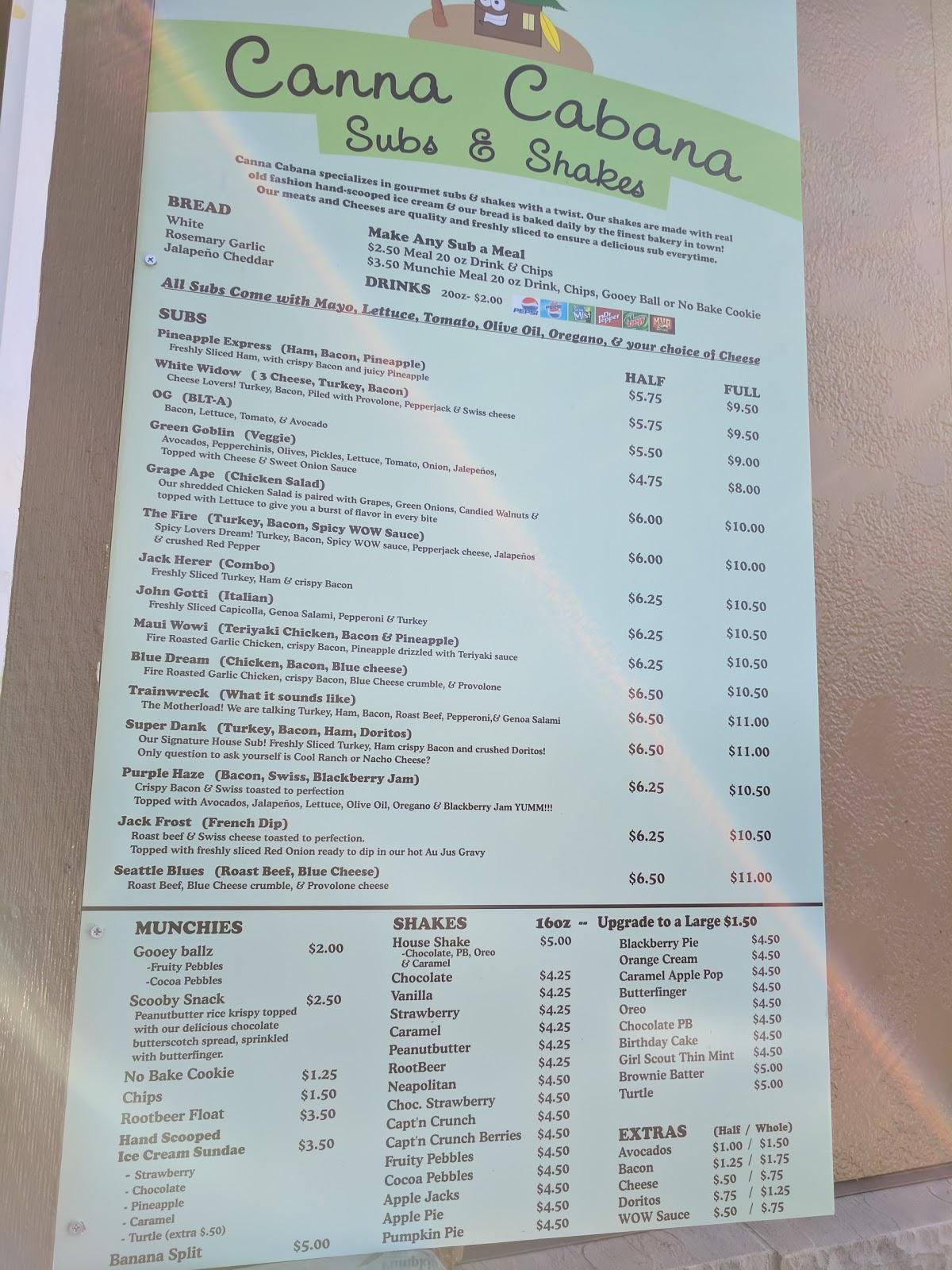 Carta del restaurante Canna Cabana Subs & Shakes, Lacey