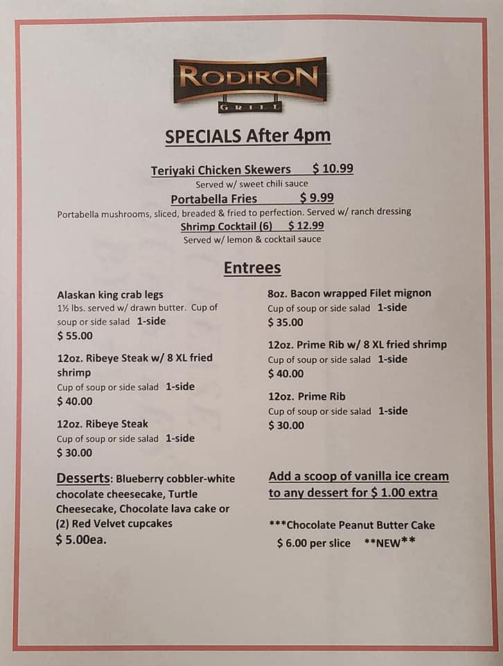 Menu at Rodiron Grill steakhouse, Sidney