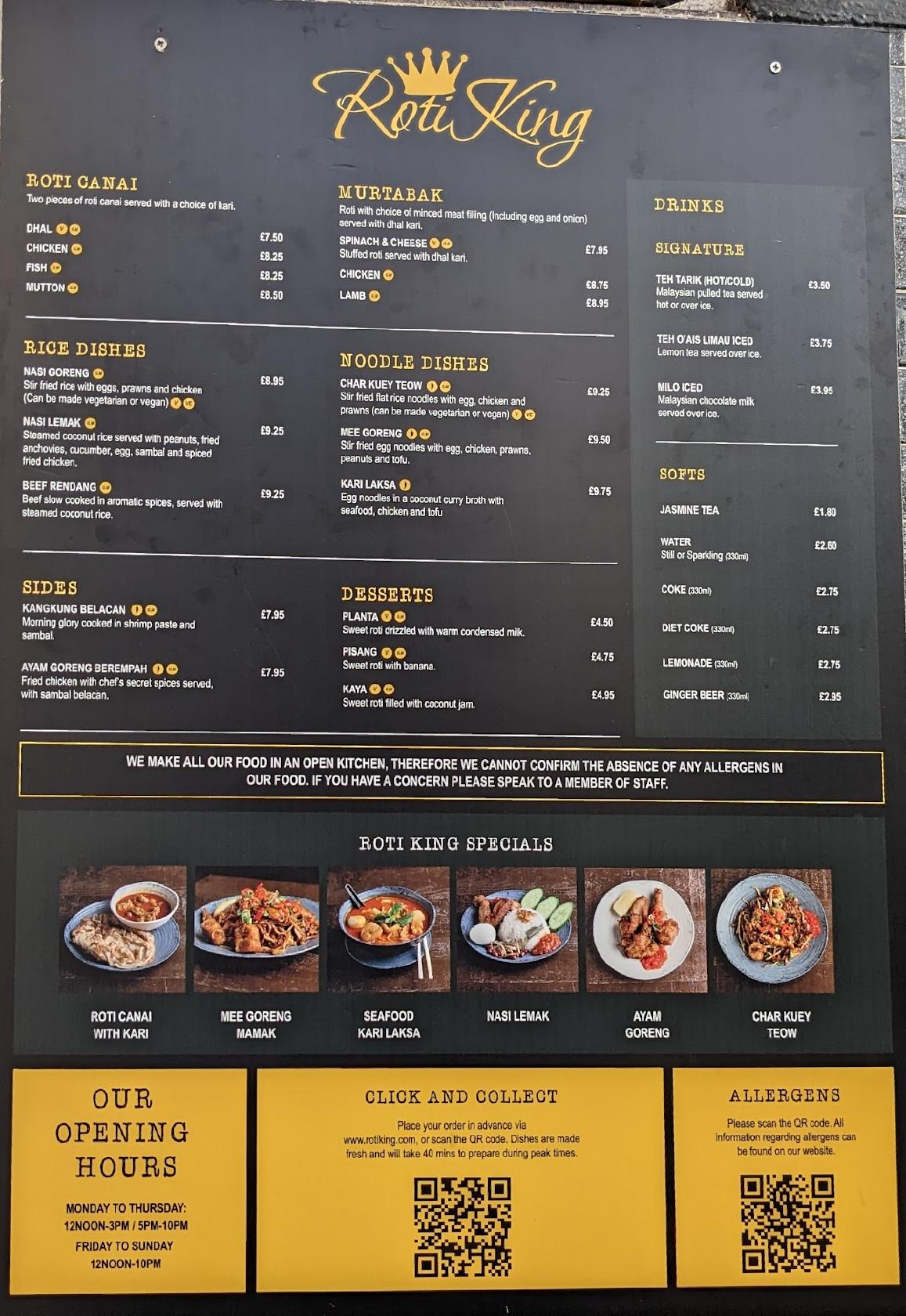Menu at Roti King restaurant, London, Euston