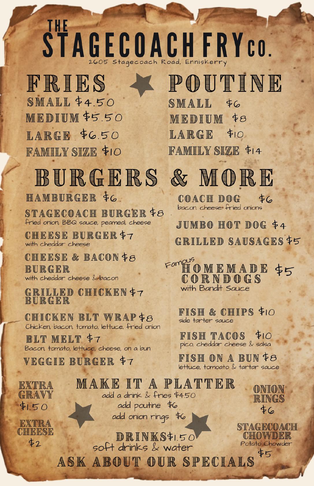 Menu at The Stagecoach Fry Co. restaurant, Ottawa