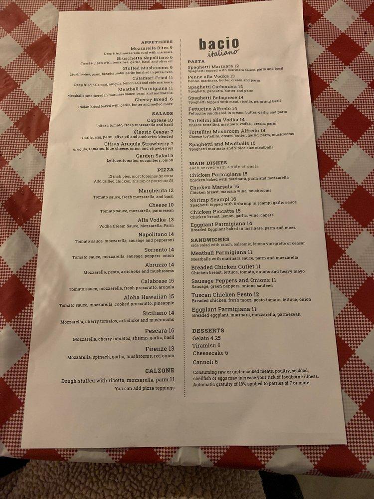 Menu at Bacio Italiano pizzeria, Tucson