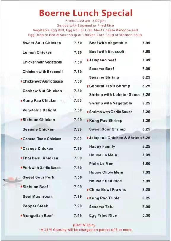Menu at China Bowl restaurant, Boerne