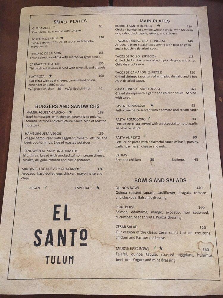 Carta del restaurante El Santo Tulum, Tulum
