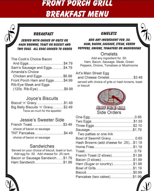 Menu at Front Porch Grill restaurant, Millbrook