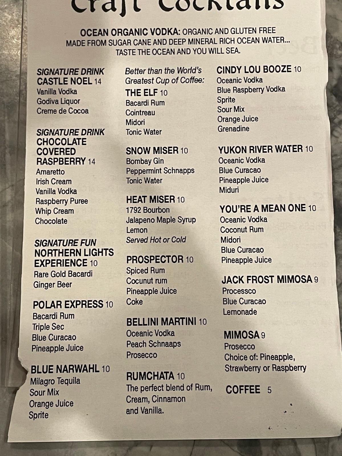 Menu at Polar Bear Club - Castle Noel, Medina