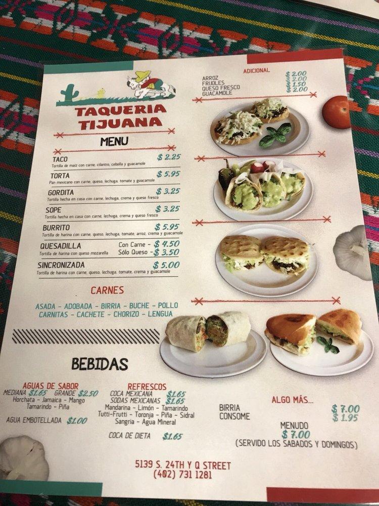 Menu at Taqueria Tijuana restaurant, Omaha, S 24th St