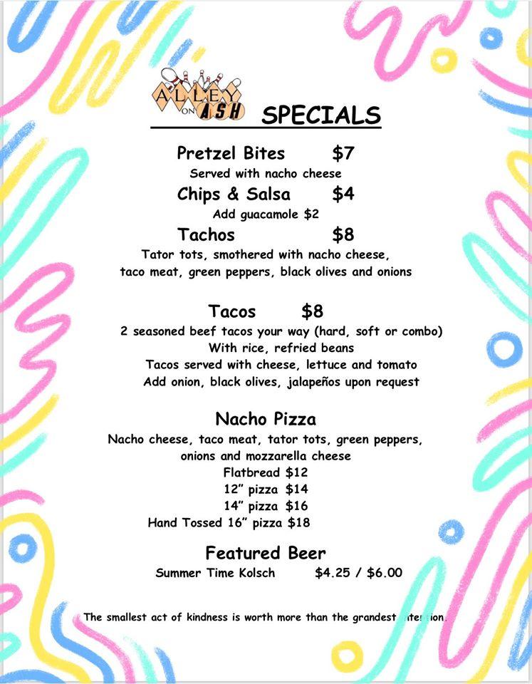 Menu at Alley On Ash pub & bar, New London
