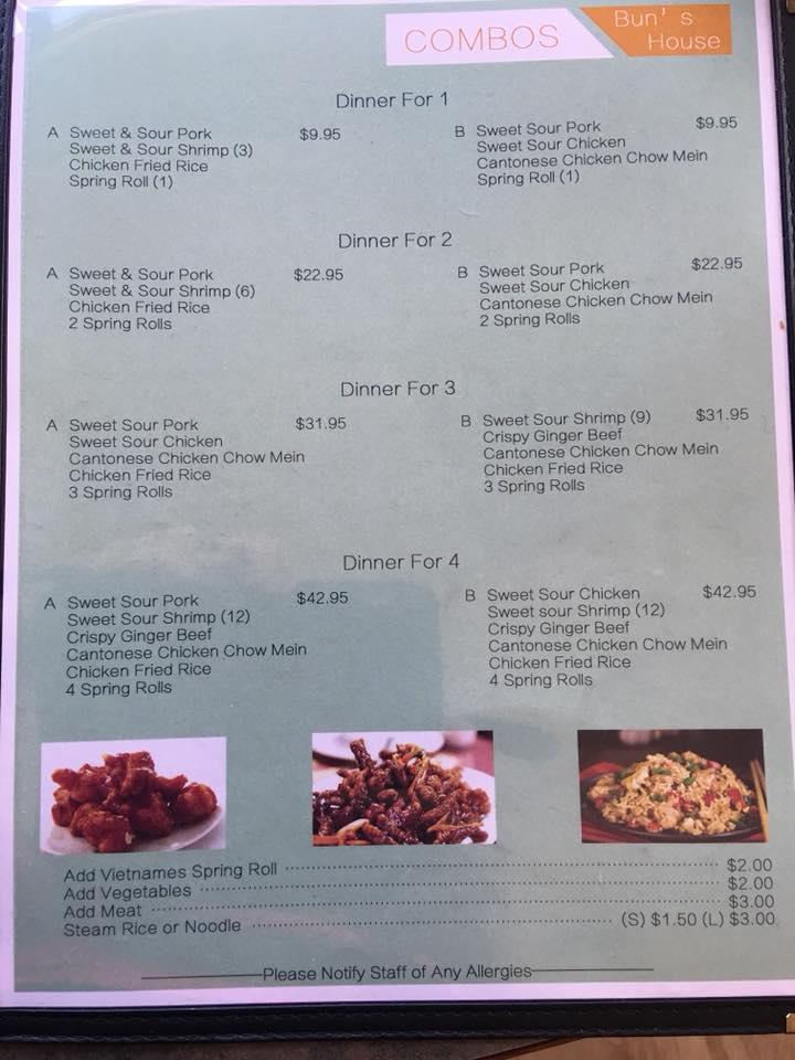 Menu at Bun's House Restaurant, Saskatoon