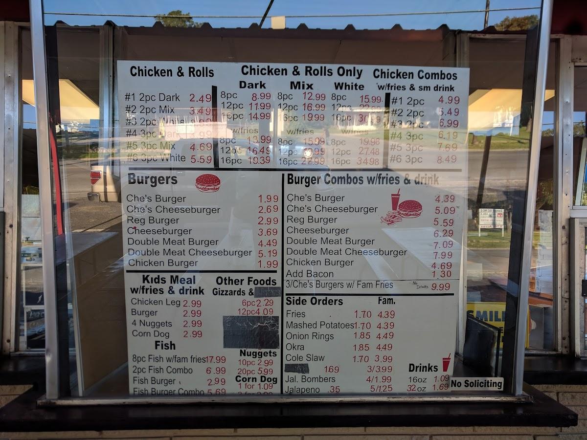 Menu at Che's Chicken & Burgers fast food, San Antonio