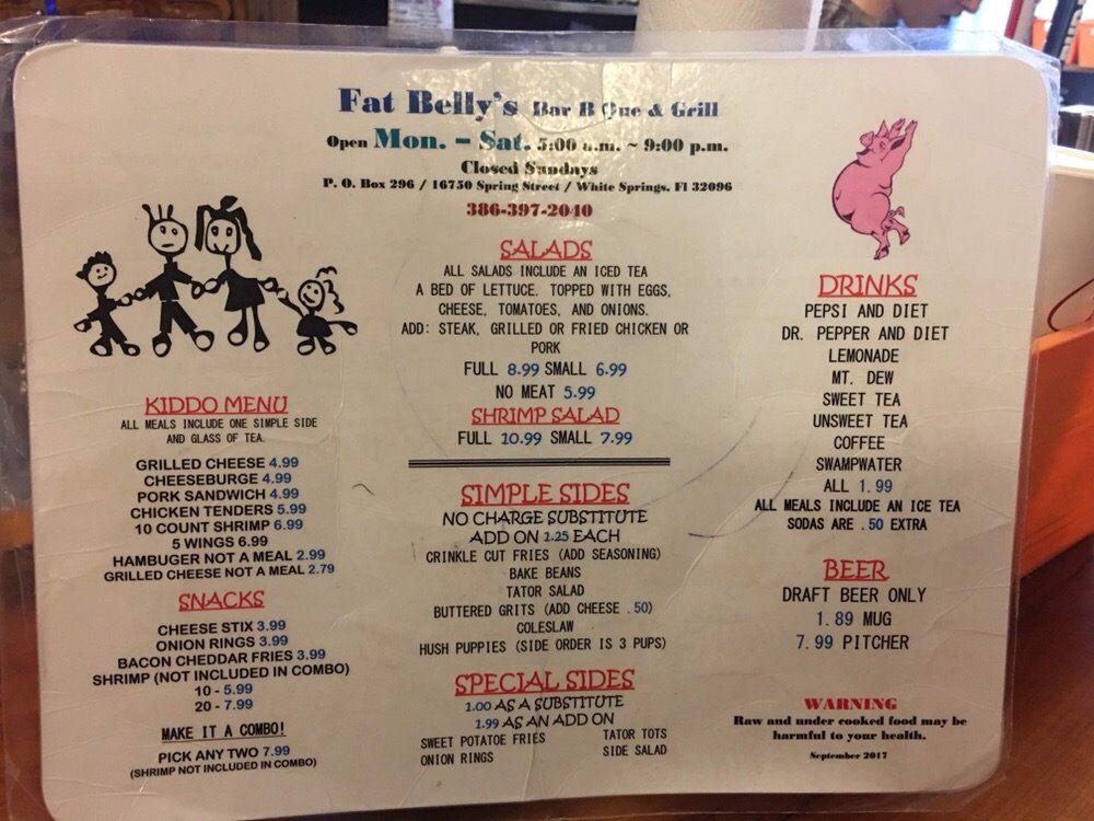 Menu at Fat Belly's BBQ, White Springs