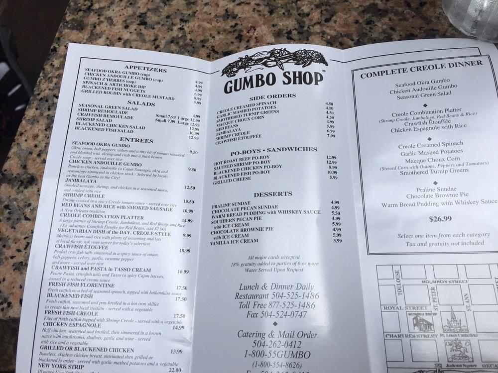 Menu at Gumbo Shop restaurant, New Orleans, 630 St Peter