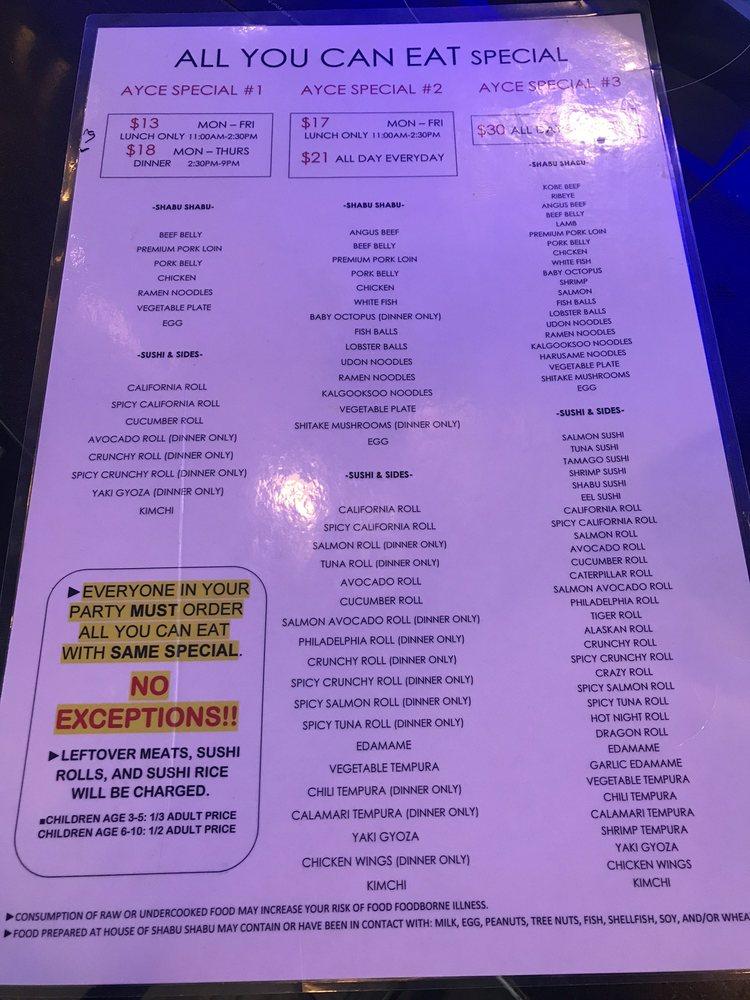 Menu at House of Shabu Shabu II restaurant, Anaheim