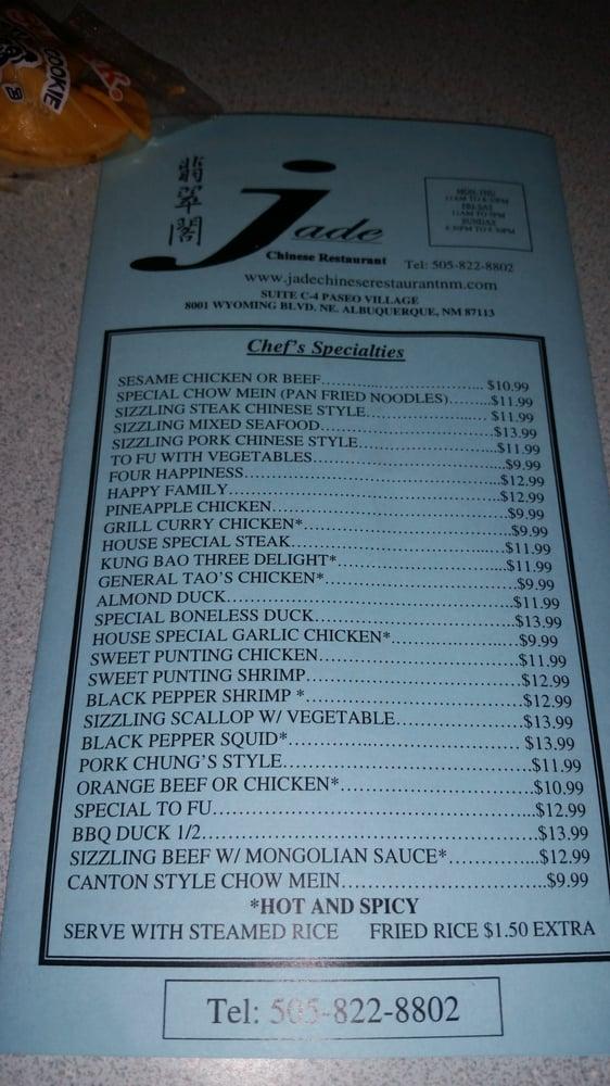 Menu at Jade restaurant, Albuquerque