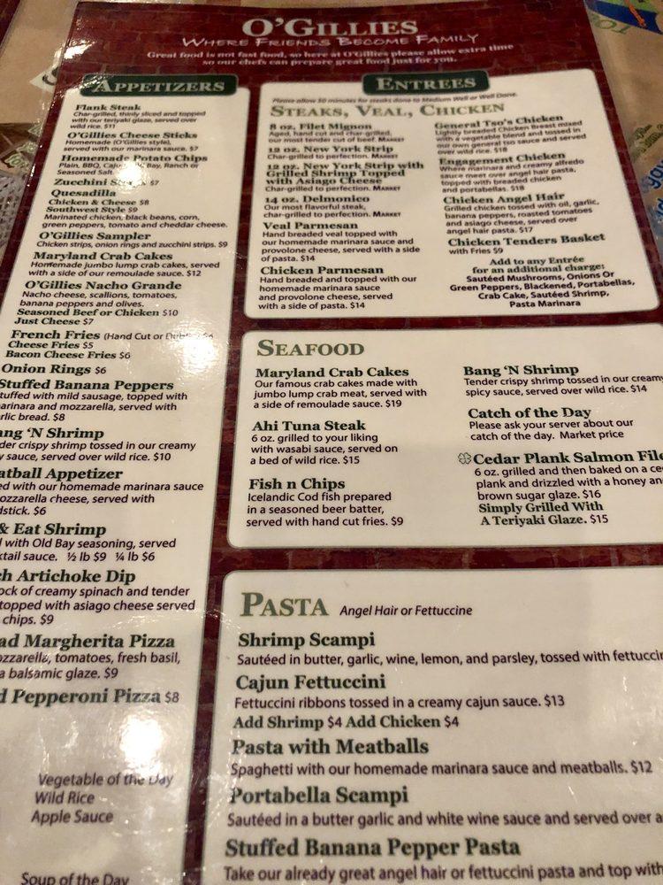 Menu at O'Gillies Pub & Restaurant, Uniontown