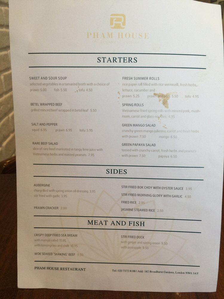 Menu at Pham House restaurant, London