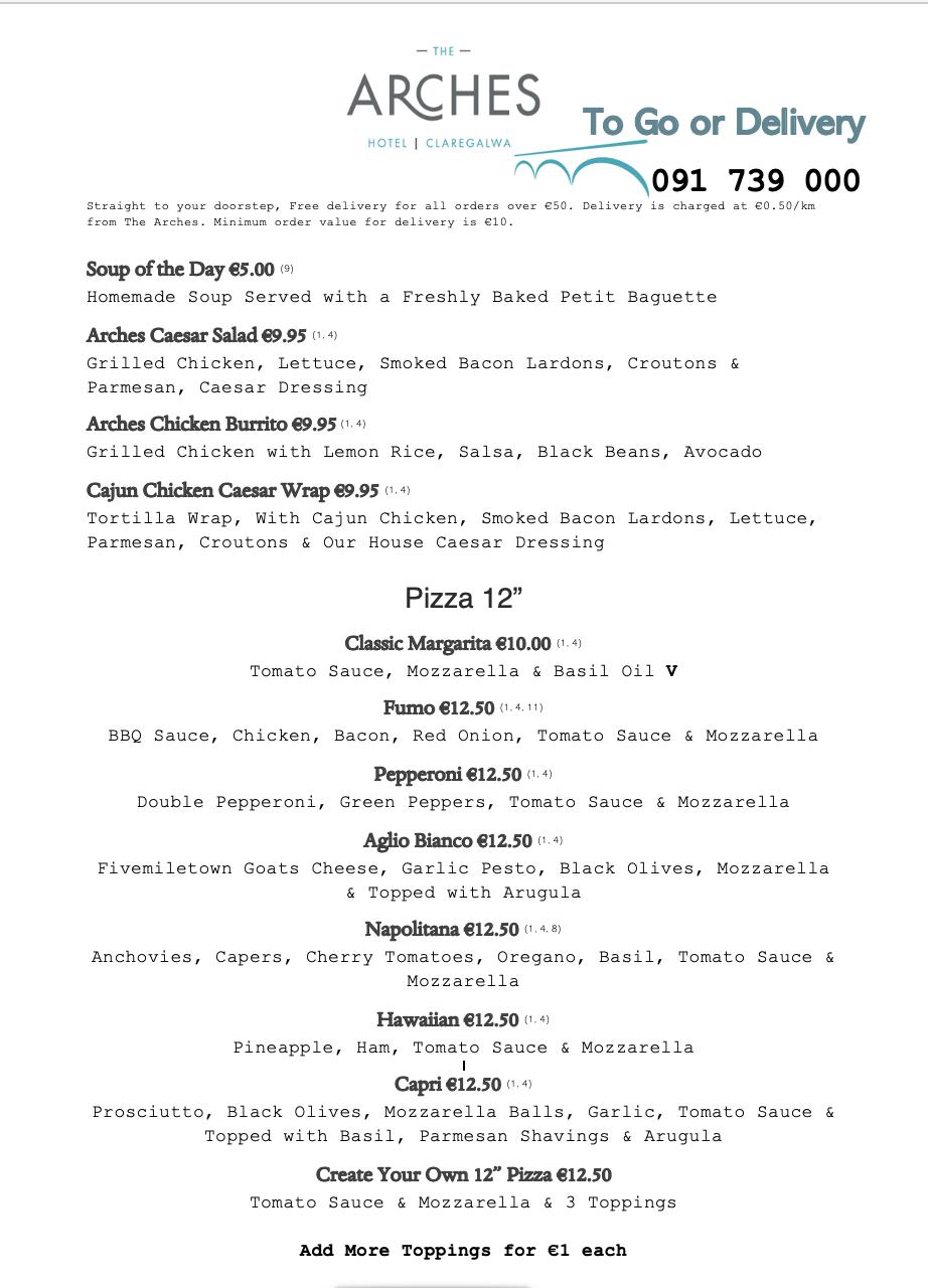 Menu at The Arches Restaurant - Claregalway, Claregalway