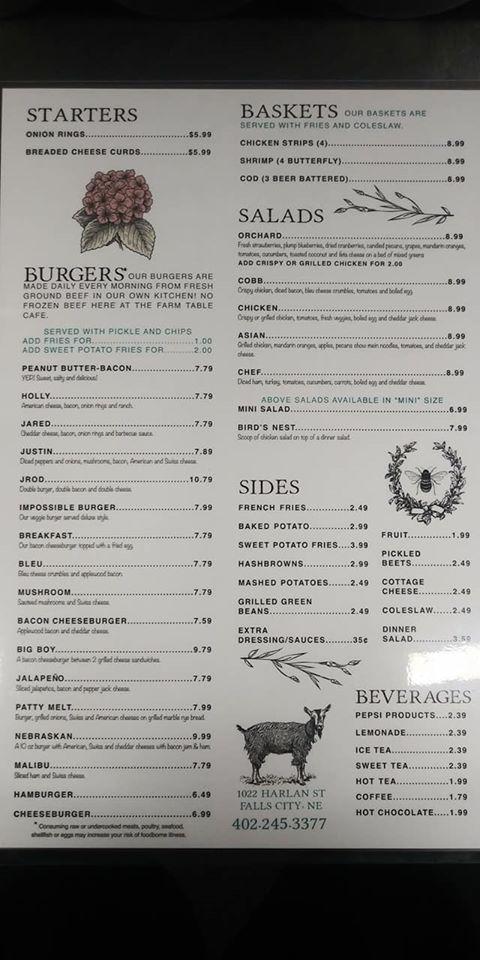 Menu at The Farm Table Cafe, Falls City, Harlan St