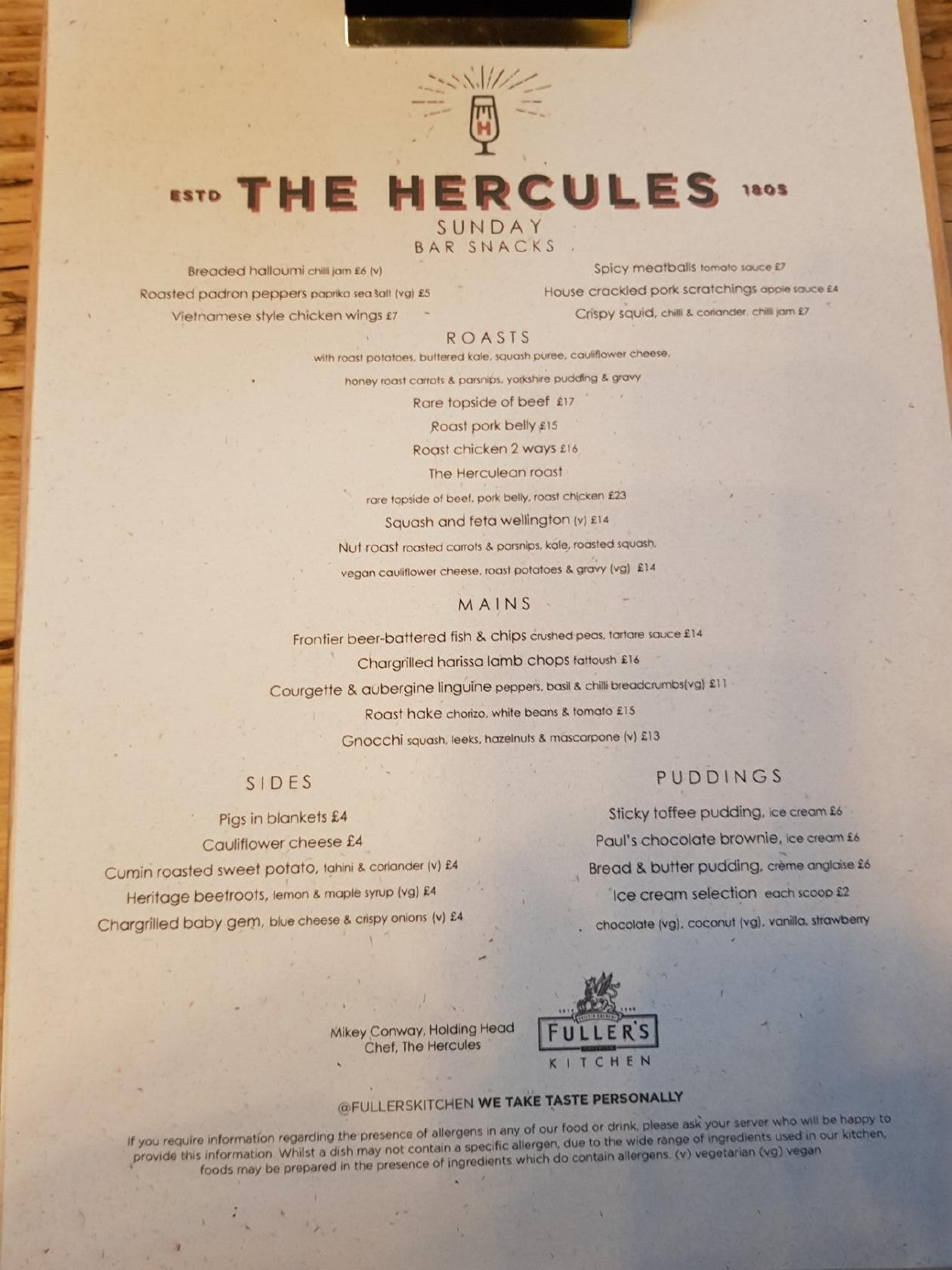 Menu at The Hercules, Lambeth pub & bar, London