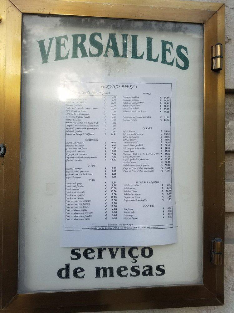 Menu at Versailles cafe, Lisbon, Av. da República 15 A