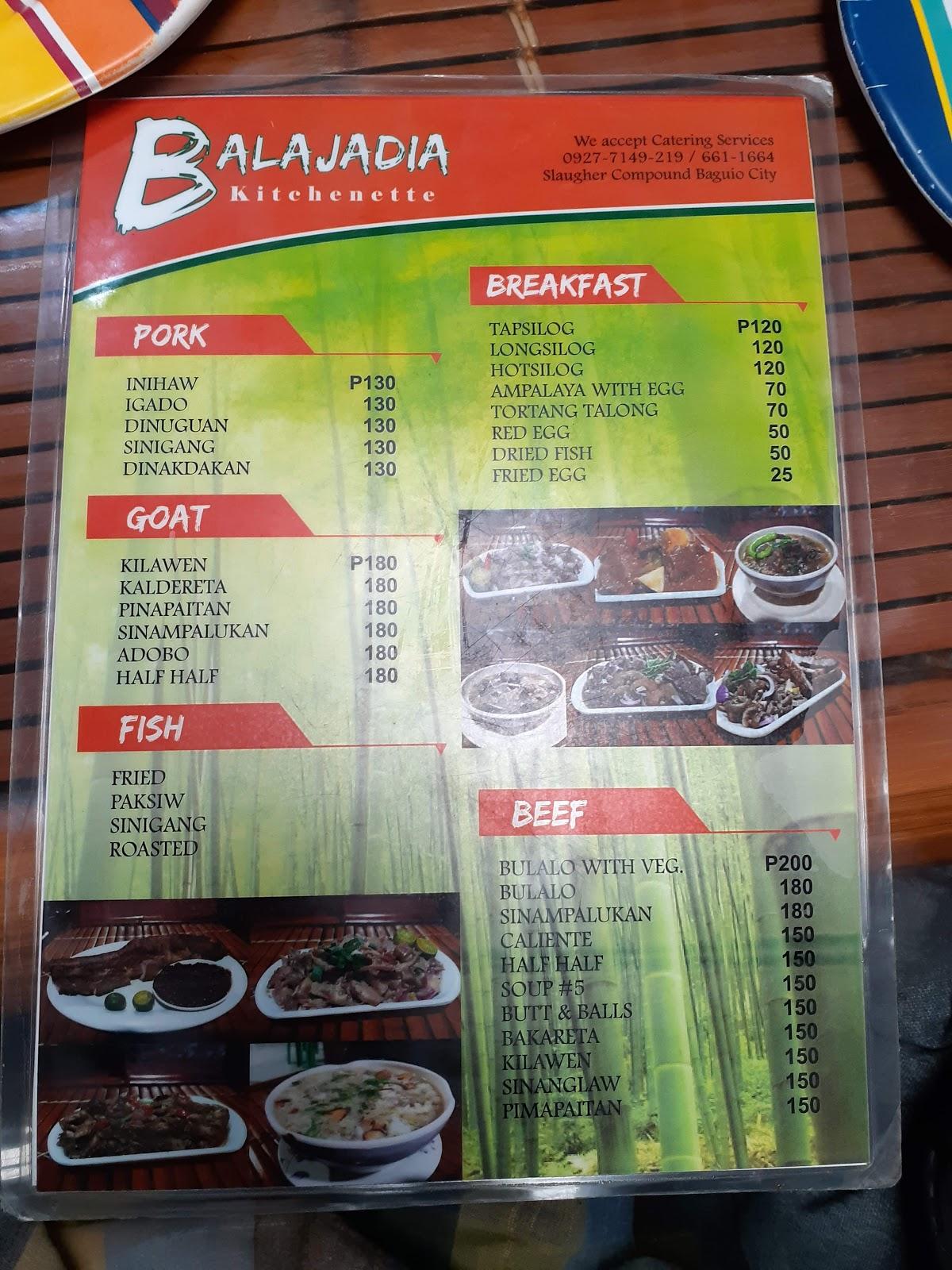 Menu at Balajadia Kitchenette restaurant, Baguio