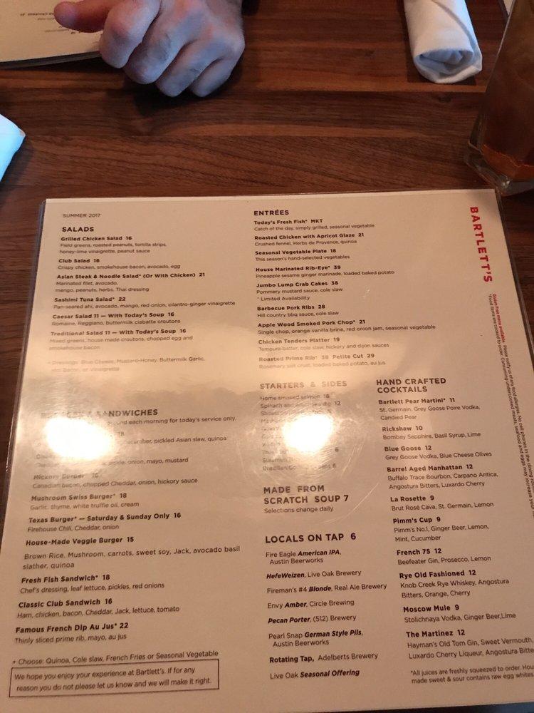 Menu at Bartlett's Restaurant, Austin
