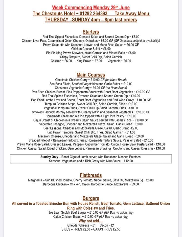 Menu at Chestnuts Restaurant & Hotel, Ayr