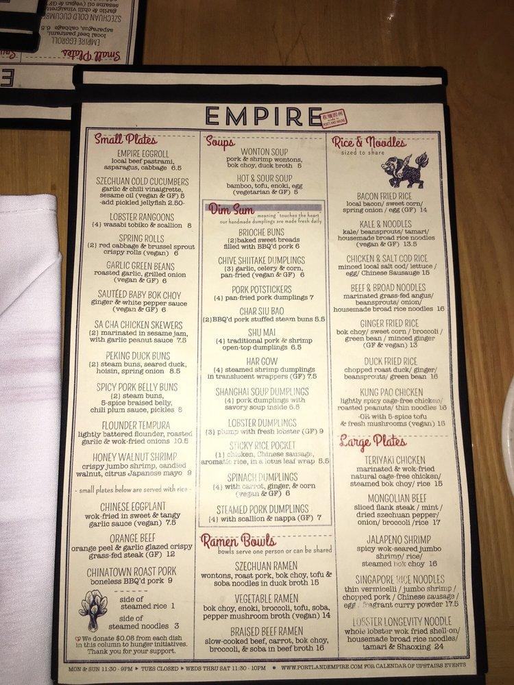 Menu at Empire Chinese Kitchen restaurant, Portland