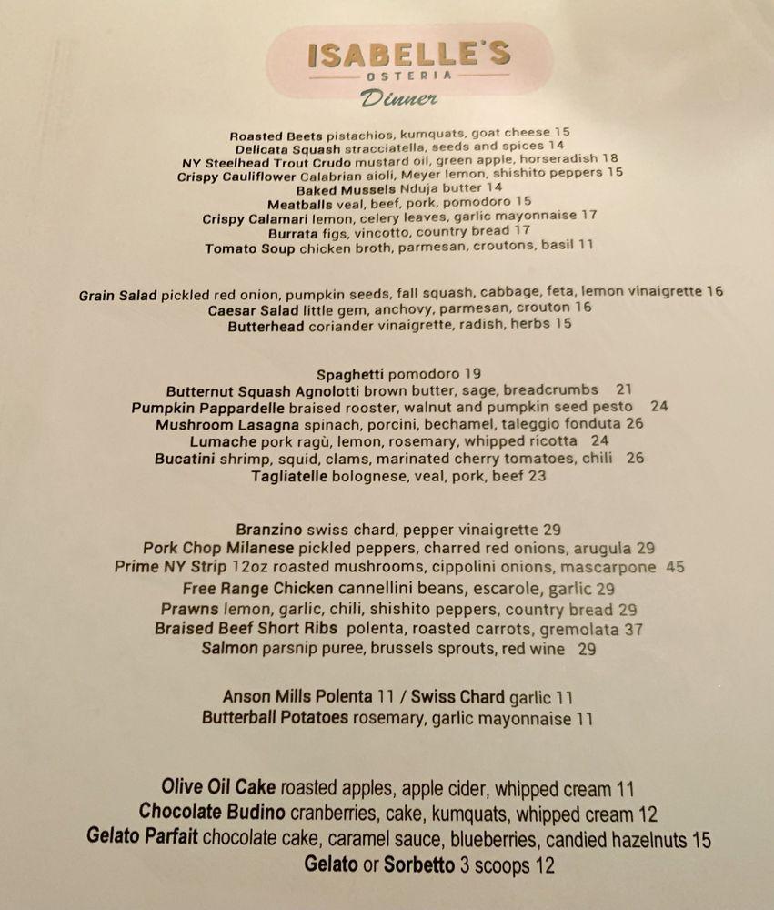 Menu at Isabelle's Osteria restaurant, New York City