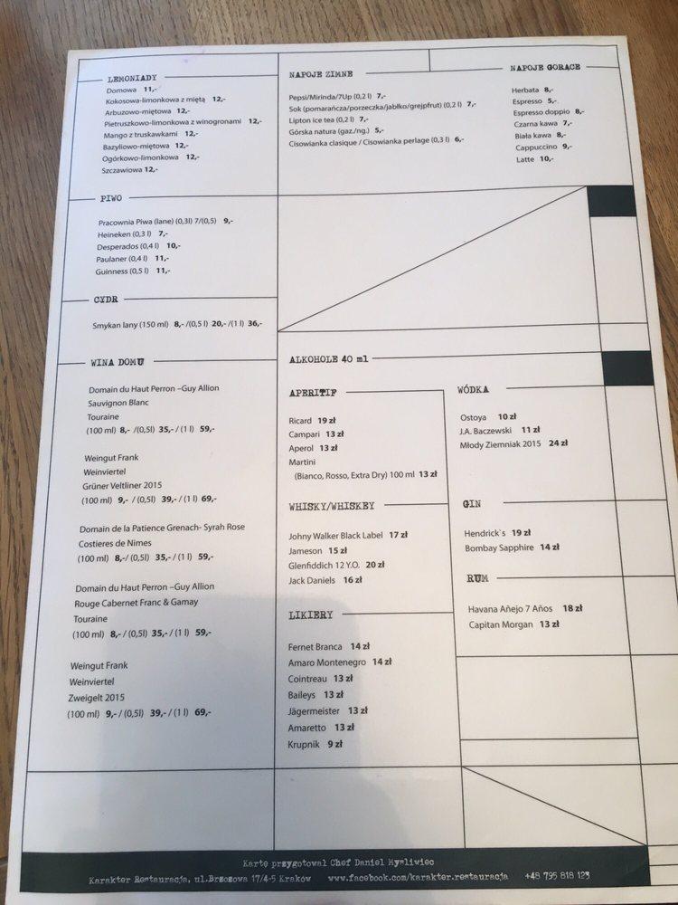 Menu at Karakter restaurant, Kraków