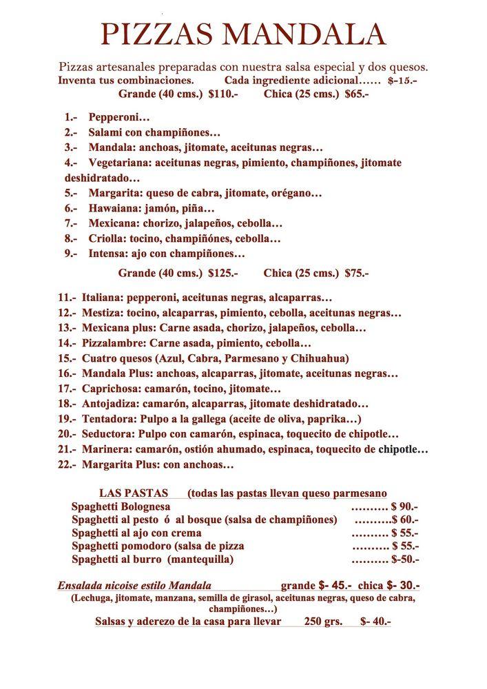 Menu at Mandala pizzeria, Pátzcuaro