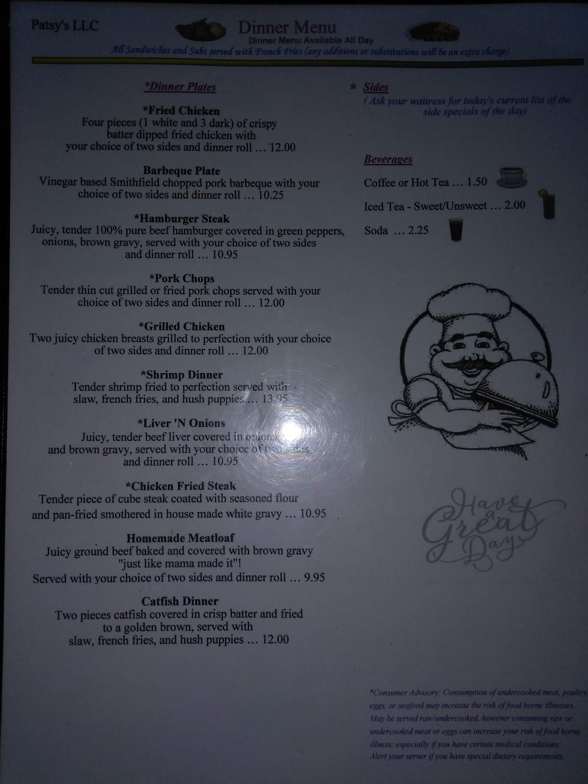 Menu at Patsy's restaurant, Providence Forge