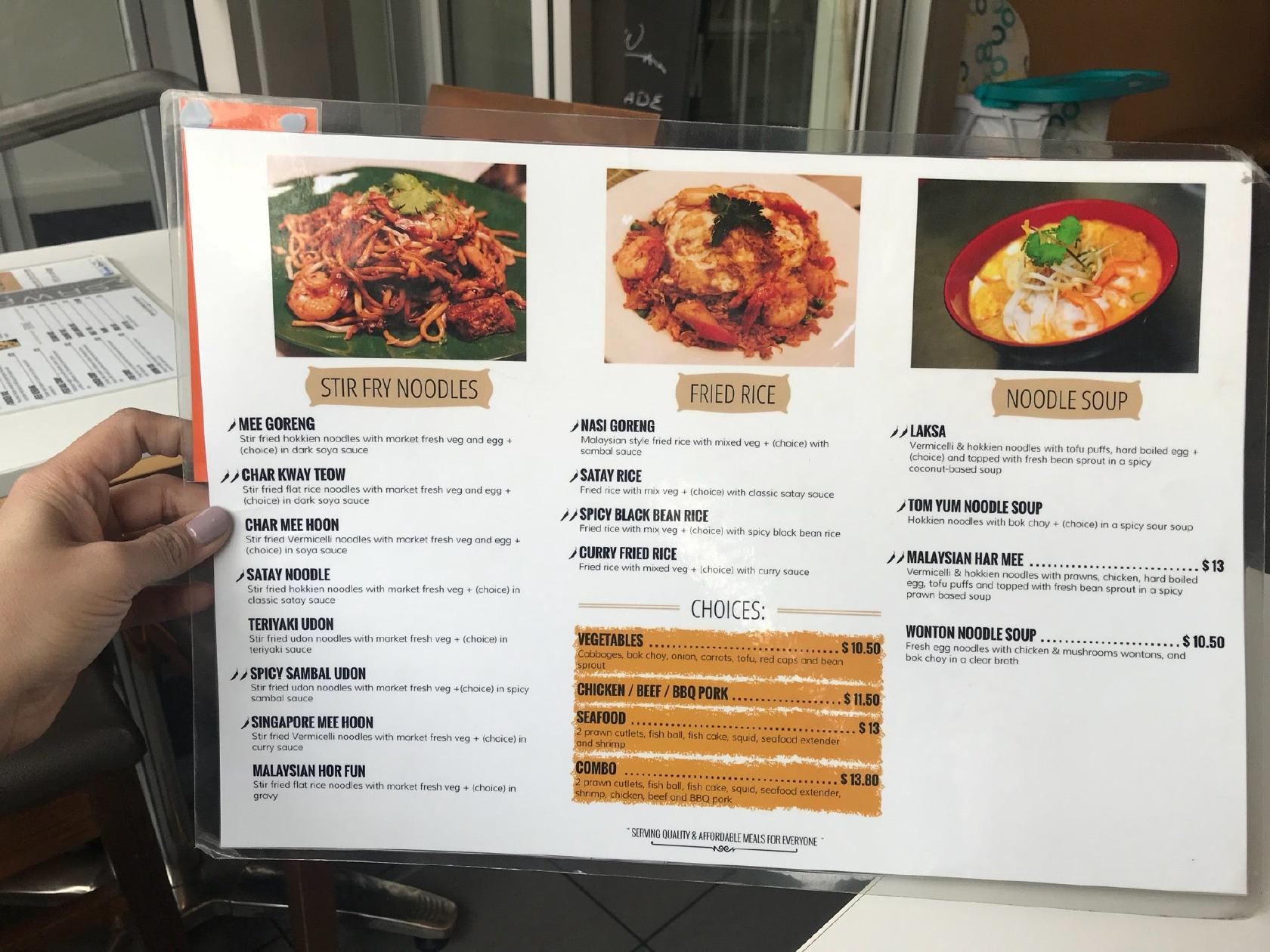 Menu at Sawak Cafe, Hobart