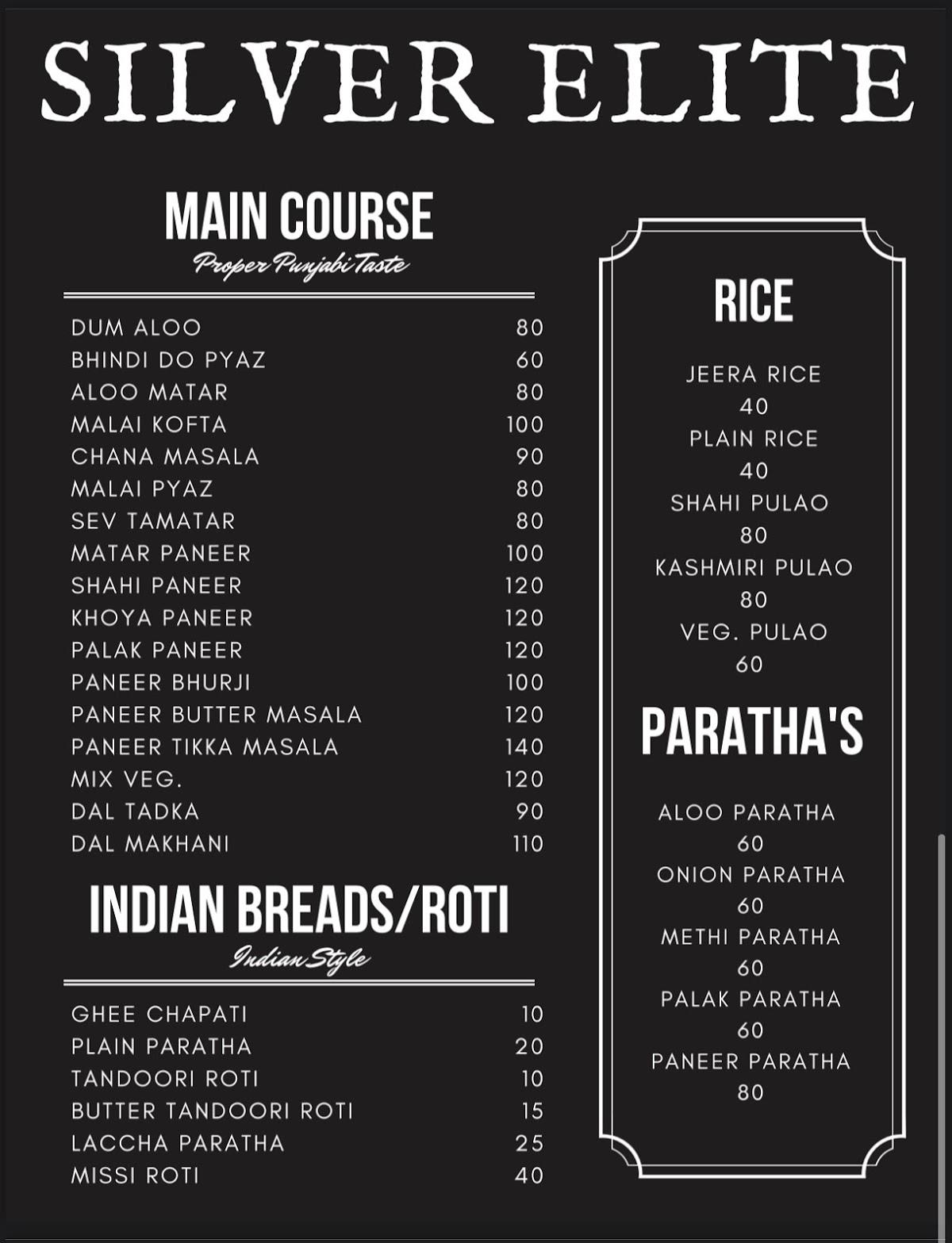 Menu at Silver Elite, Bari Sadri