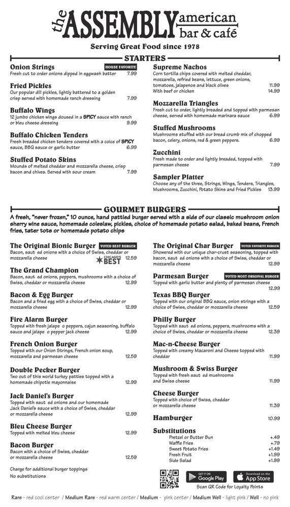 Carta de The Assembly American Bar & Cafe, Hoffman Estates