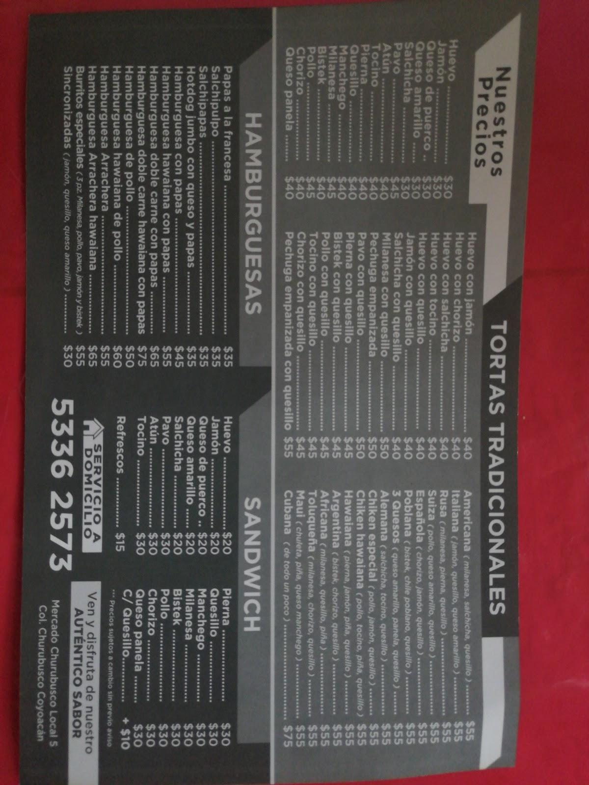 Menu at Tortas La Tortita restaurant, Mexico