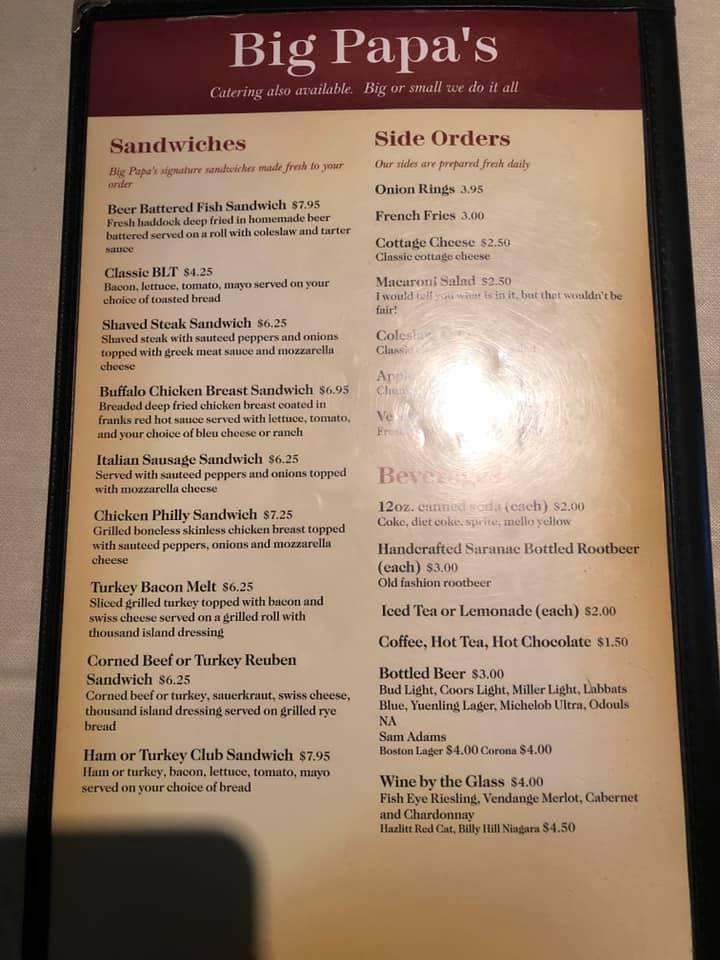 Menu at Big Papa's restaurant, Canisteo
