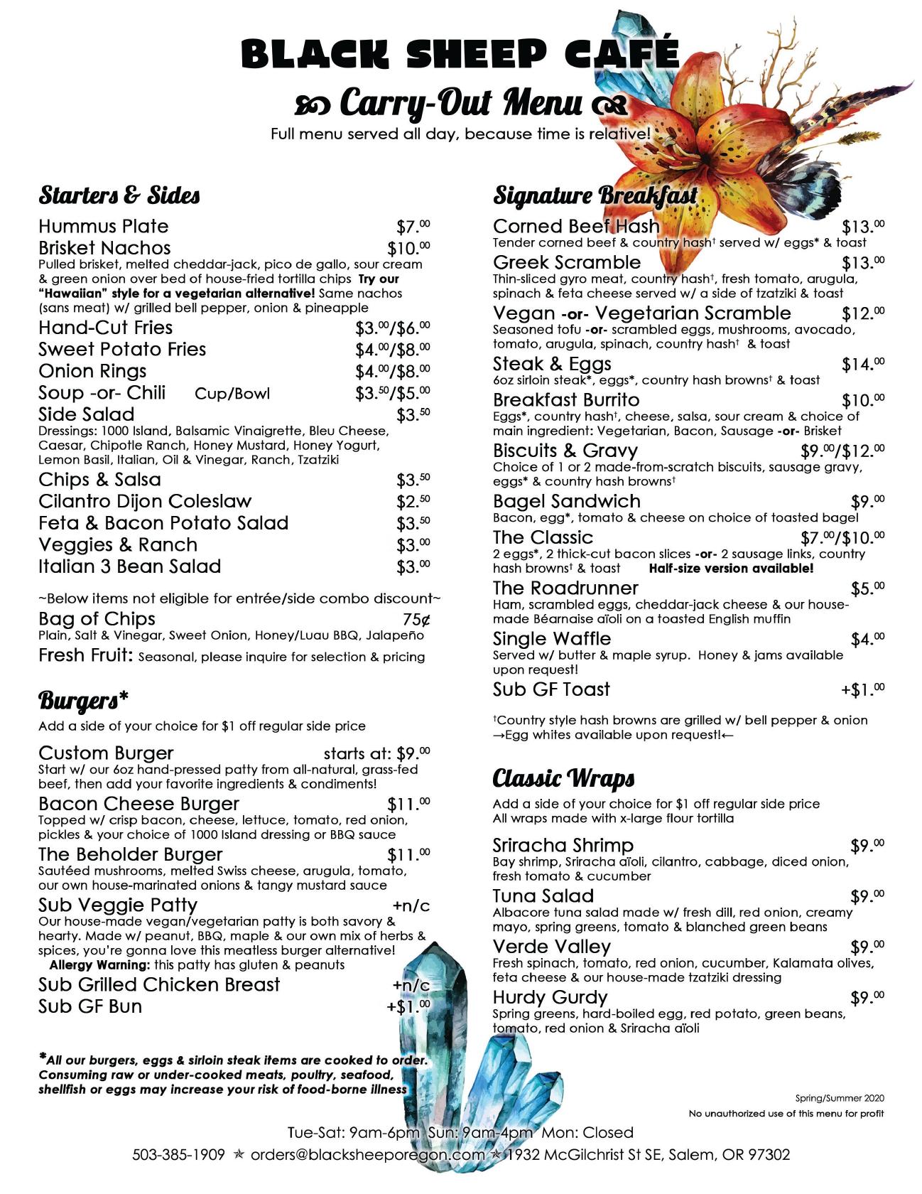 Menu at Black Sheep Cafe, Salem