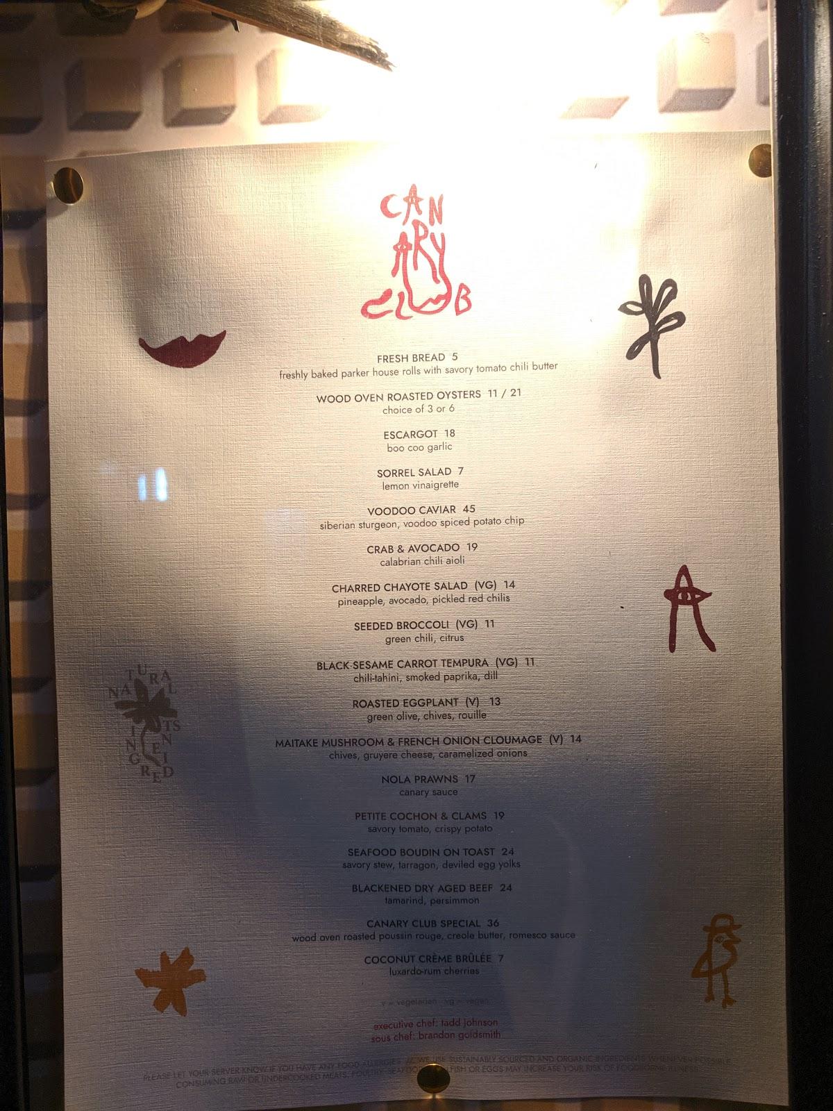 Menu at Canary Club, New York City