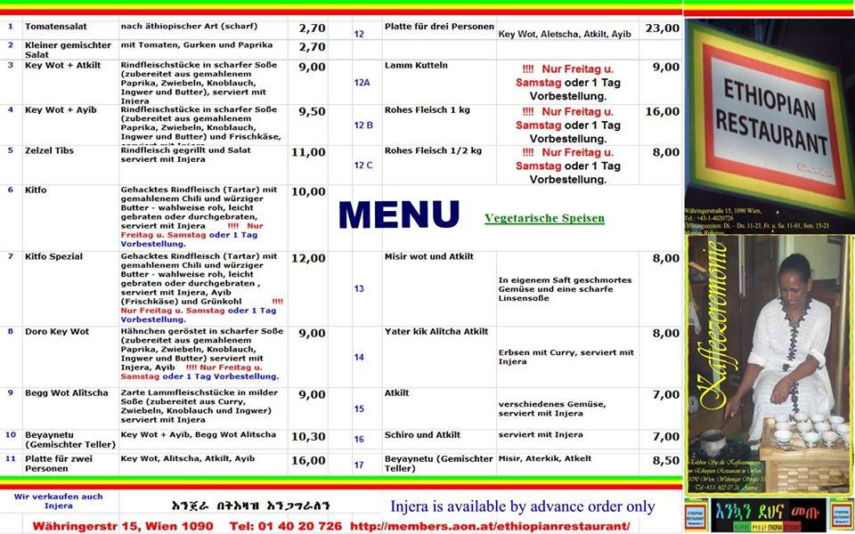Menu at Ethiopian Restaurant, Vienna